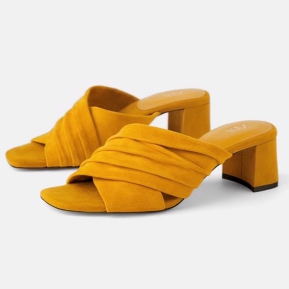 Zara | Shoes | Zara Rare Suede Leather Mustard Yellow Pleated Mules ...